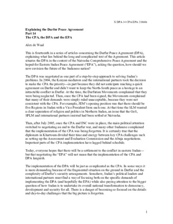 PDF | Explaining the Darfur Peace Agreement: Part 14 - The CPA, the DPA ...